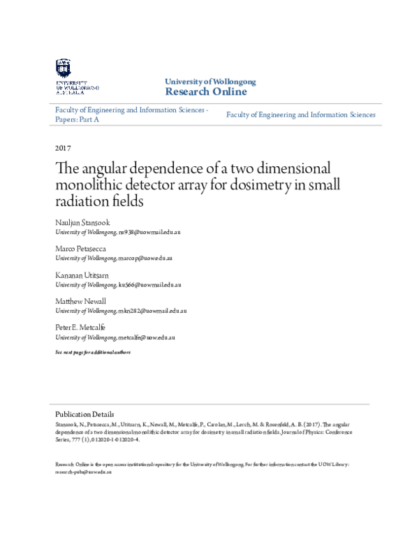 Pdf The Angular Dependence Of A Two Dimensional Monolithic Detector Array For Dosimetry In