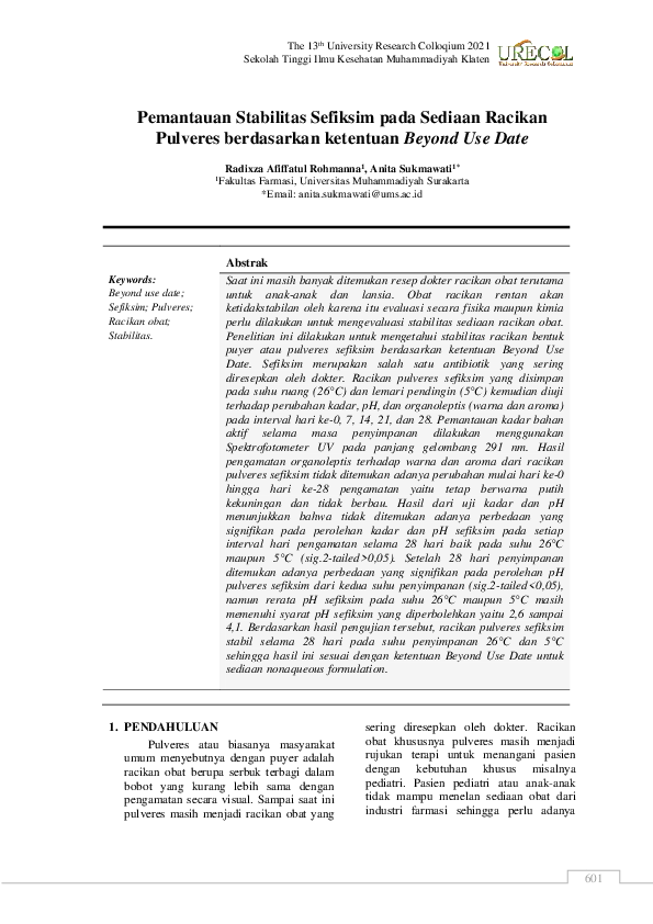(PDF) Pemantauan Stabilitas Sefiksim pada Sediaan Racikan Pulveres ...