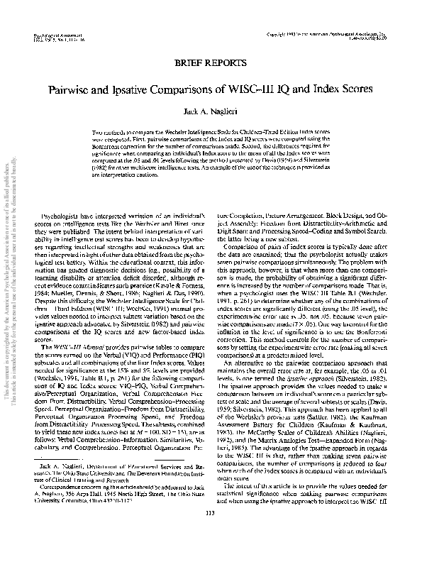 (PDF) Pairwise and ipsative comparisons of WISC-III IQ and Index scores