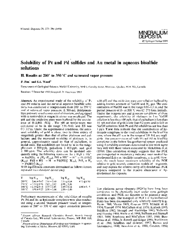 (PDF) Solubility of Pt and Pd sulfides and Au metal in aqueous ...