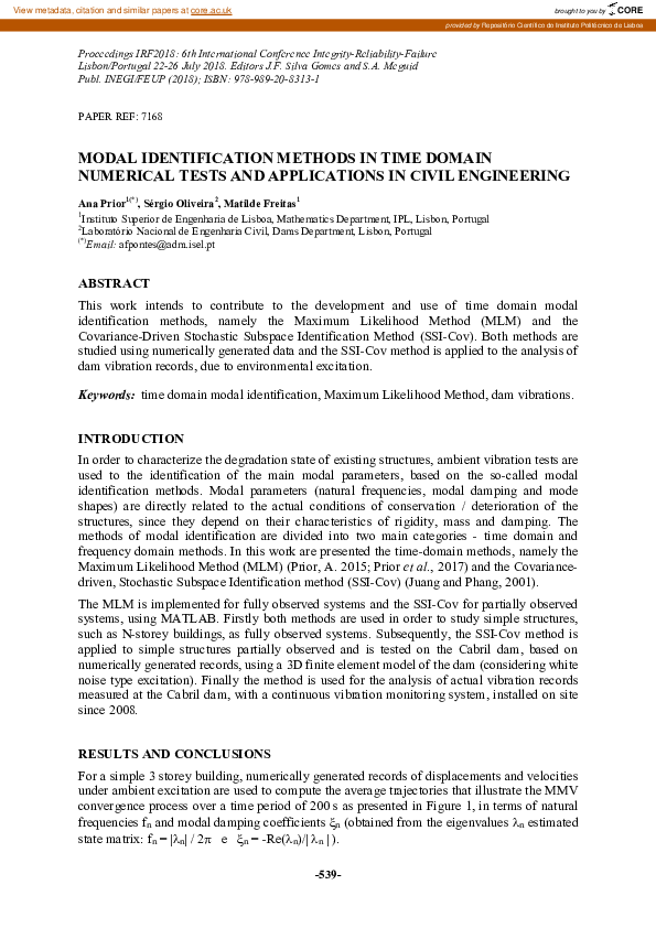 Pdf Modal Identification Methods In Time Domain Numerical Tests And