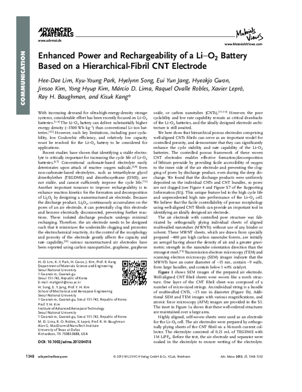 (PDF) Enhanced Power and Rechargeability of a Li−O2 Battery Based on a ...