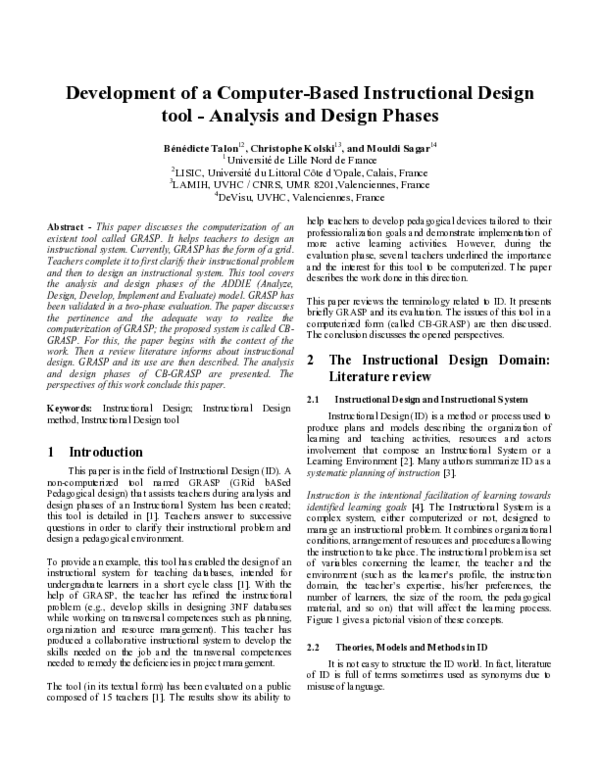 (PDF) Development of a Computer-Based Instructional Design tool - Analysis and Design Phases
