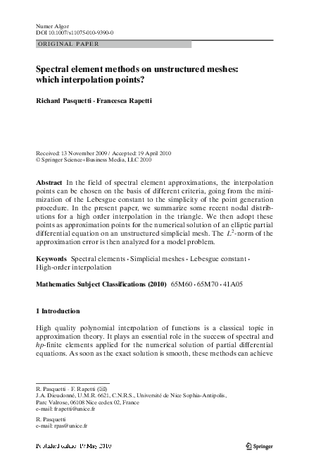 Pdf Spectral Element Methods On Unstructured Meshes Which Interpolation Points Richard
