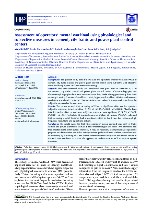 (PDF) Assessment of operators’ mental workload using physiological andsubjective measures in ...