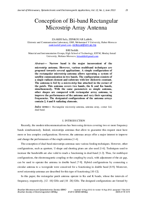(PDF) Conception of bi-band rectangular microstrip array antenna