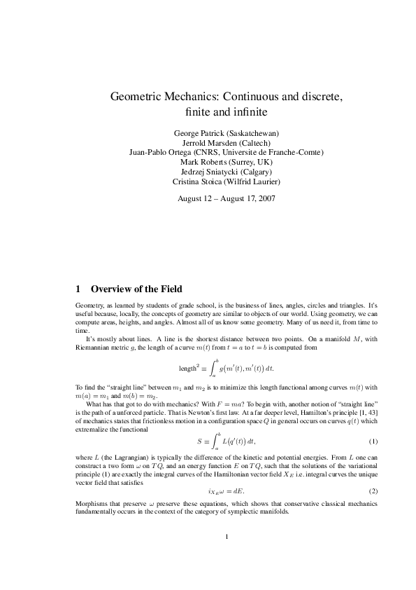 (PDF) Geometric Mechanics: Continuous and discrete, finite and infinite | Cristina Stoica ...