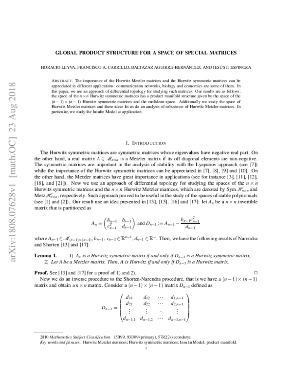 (PDF) Global product structure for a space of special matrices