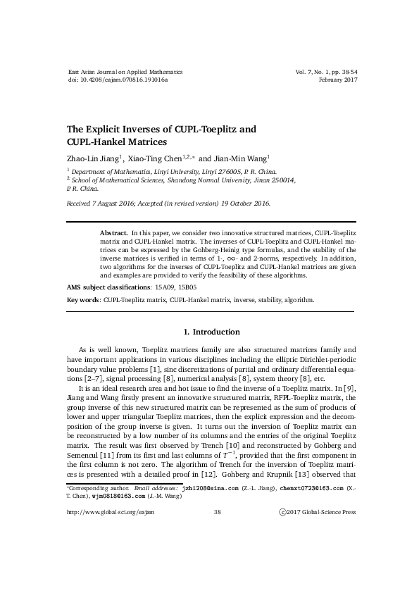 Pdf The Explicit Inverses Of Cupl Toeplitz And Cupl Hankel Matrices