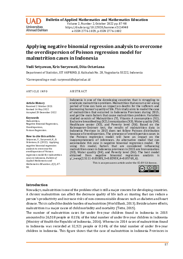 Pdf Negative Binomial Regression For Malnutrition In Indonesia 