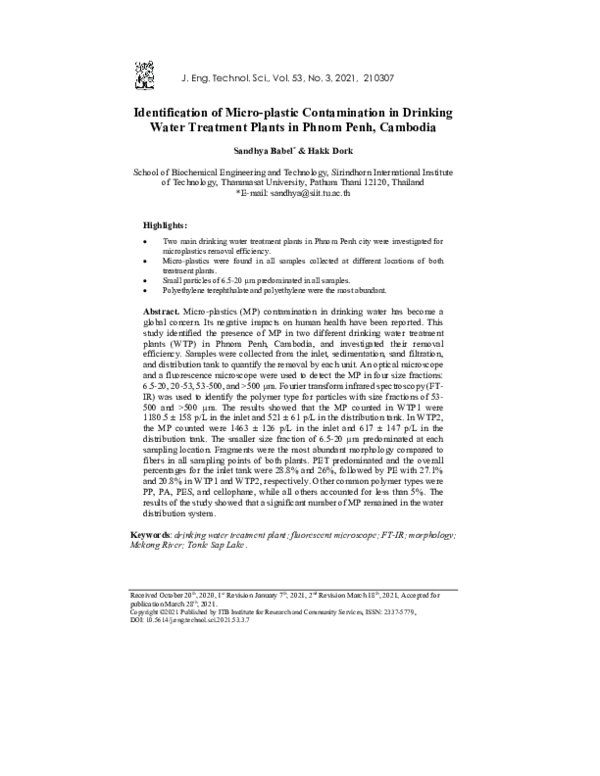 (PDF) Identification of Micro-plastic Contamination in Drinking Water Treatment Plants in Phnom ...