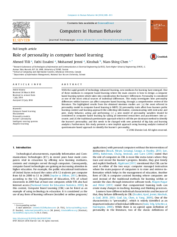 (PDF) Role of personality in computer based learning