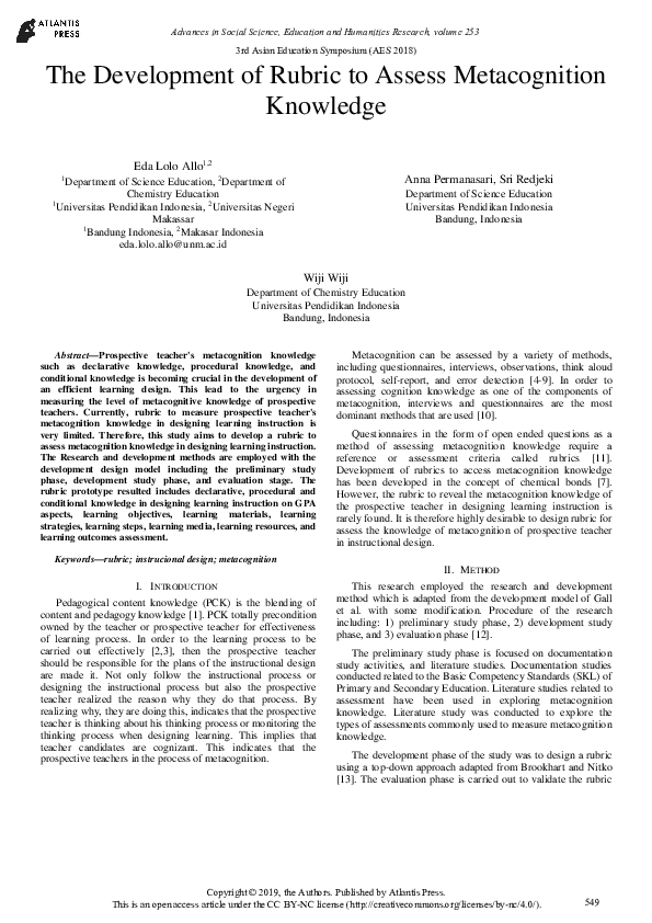 (PDF) The Development of Rubric to Assess Metacognition Knowledge