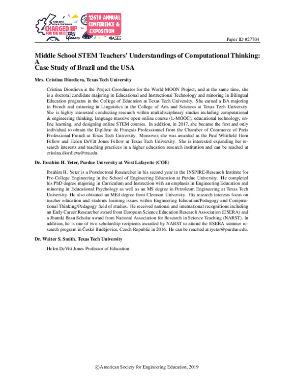 (PDF) Middle School STEM Teachers’ Understandings of Computational Thinking: A Case Study of ...