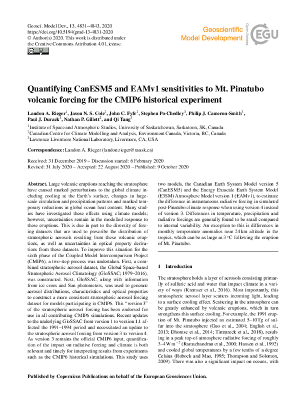 (PDF) Quantifying CanESM5 and EAMv1 sensitivities to Mt. Pinatubo ...