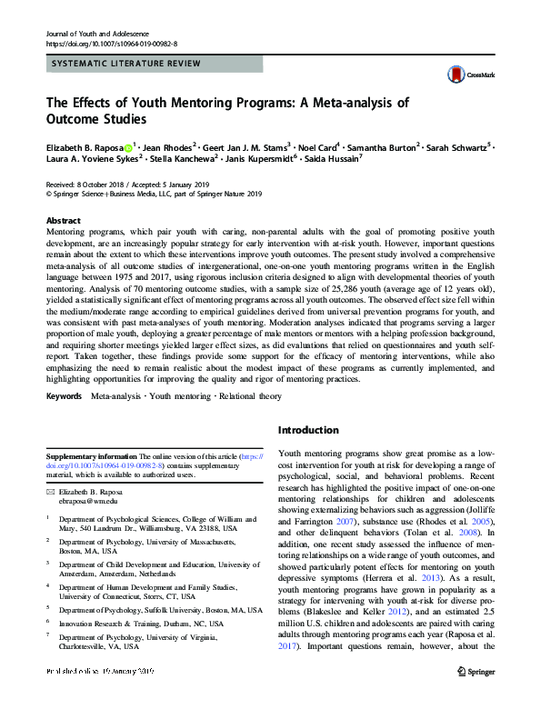 (PDF) The Effects of Youth Mentoring Programs: A Meta-analysis of ...