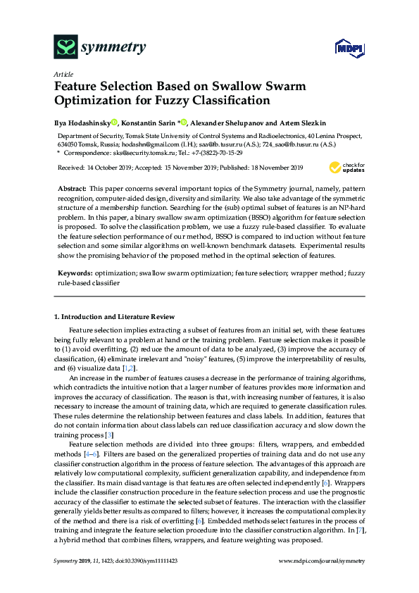 (PDF) Feature Selection Based on Swallow Swarm Optimization for Fuzzy Classification