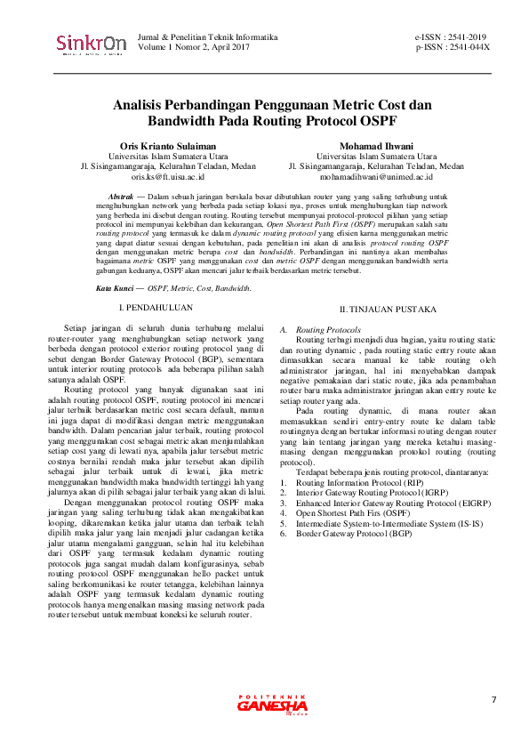 Pdf Analisis Perbandingan Penggunaan Metric Cost Dan Bandwidth Pada