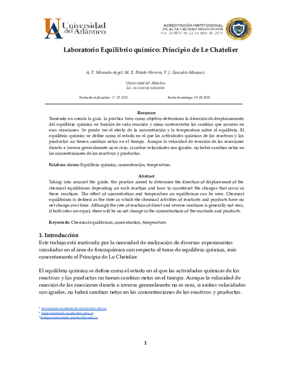 (PDF) Laboratorio Equilibrio químico: Principio de Le Chatelier