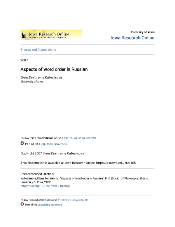 (PDF) Aspects of word order in Russian