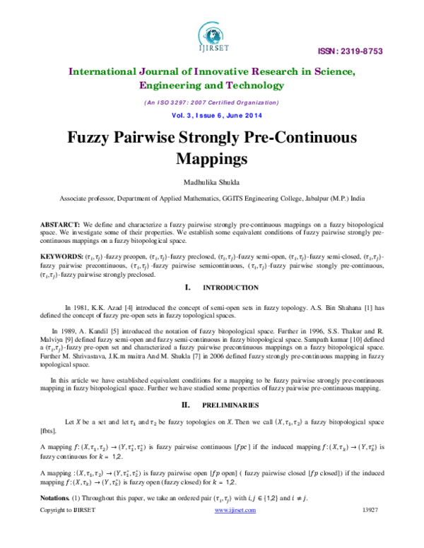 (PDF) Fuzzy Pairwise Strongly Pre-ContinuousMappings