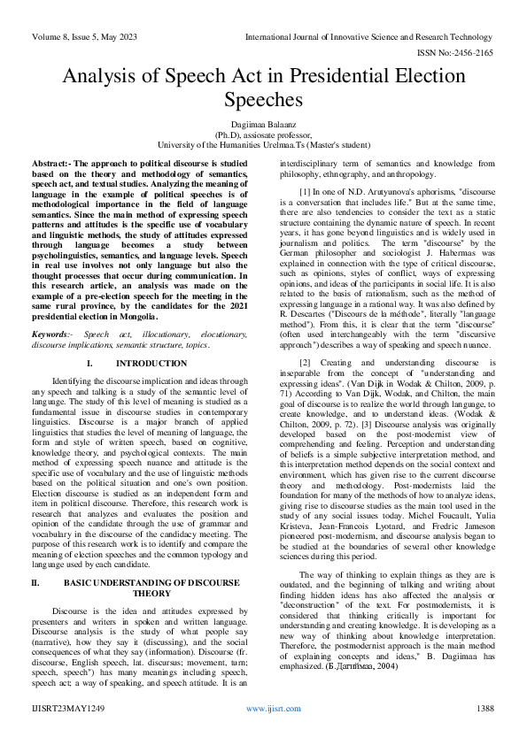 (PDF) Analysis of Speech Act in Presidential Election Speeches