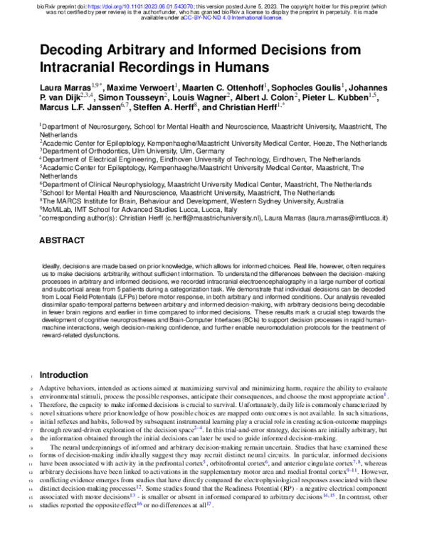 (PDF) Decoding Arbitrary and Informed Decisions from Intracranial ...