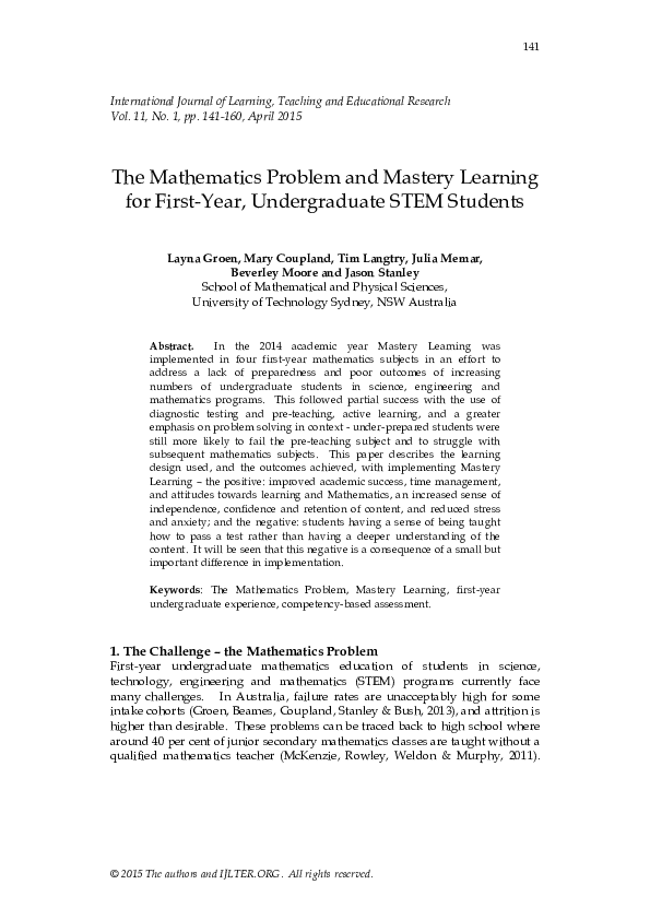 (PDF) The Mathematics Problem and Mastery Learning for First-Year ...