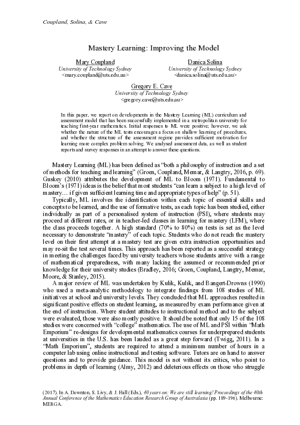 (PDF) Mastery Learning: Improving the Model