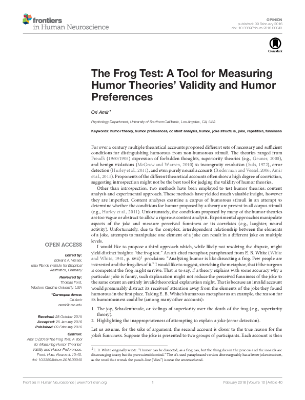 (PDF) The Frog Test: A Tool for Measuring Humor Theories' Validity and ...
