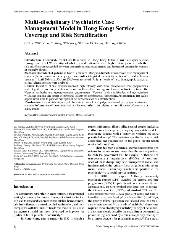 (PDF) Multi-disciplinary Psychiatric Case Management Model in Hong Kong ...