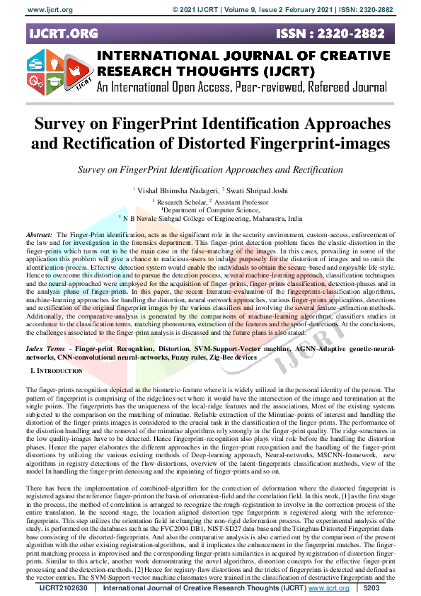 Pdf Survey On Fingerprint Identification Approaches And Rectification Of Distorted Fingerprint