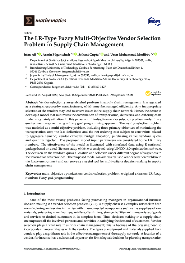 Pdf The Lr Type Fuzzy Multi Objective Vendor Selection Problem In