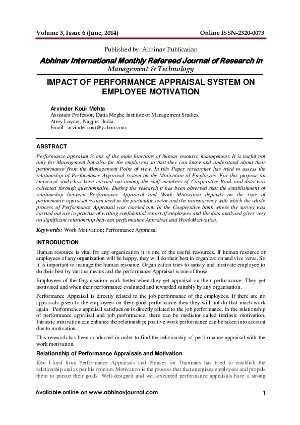 (PDF) IMPACT OF PERFORMANCE APPRAISAL SYSTEM ON EMPLOYEE MOTIVATION