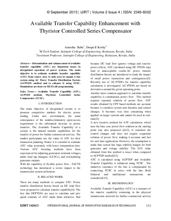 (PDF) Available Transfer Capability Enhancement with Thyristor Controlled Series Compensator
