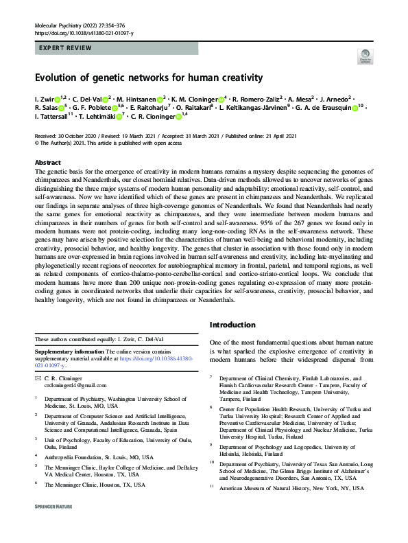 (PDF) Evolution of genetic networks for human creativity