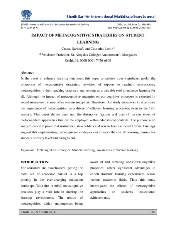 (PDF) IMPACT OF METACOGNITIVE STRATEGIES ON STUDENT LEARNING