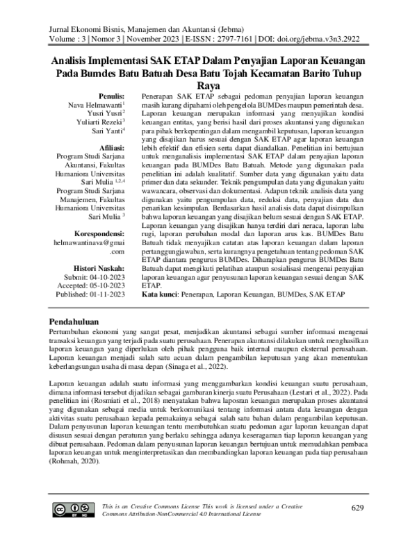 (PDF) Analisis Implementasi SAK ETAP Dalam Penyajian Laporan Keuangan Pada BUMDes Batu Batuah ...