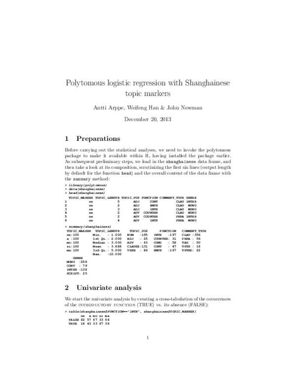 Pdf Polytomous Logistic Regression With Shanghainese Topic Markers