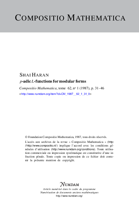 (PDF) 31 p-adic L-functions for modular forms