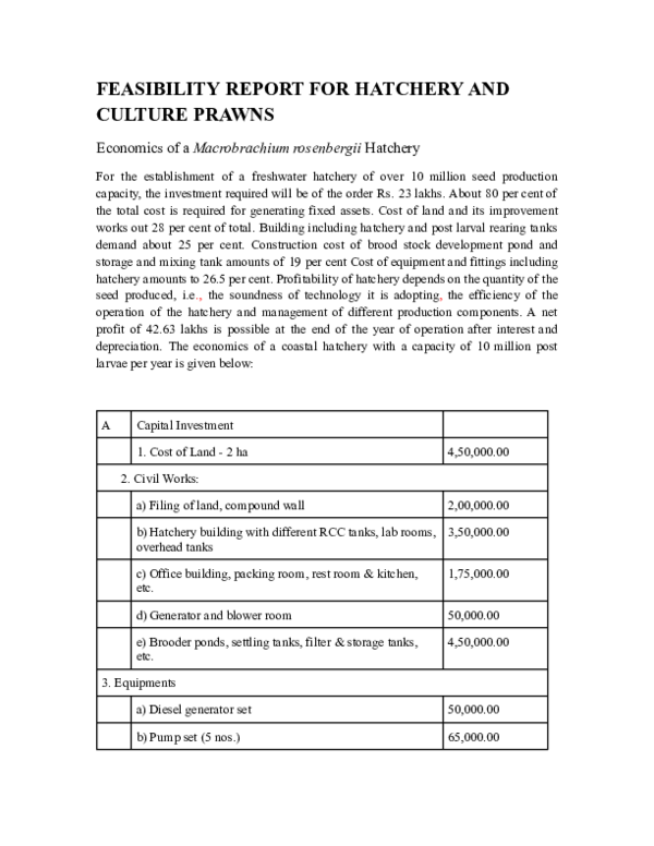 (PDF) FEASIBILITY REPORT FOR HATCHERY AND CULTURE PRAWNS