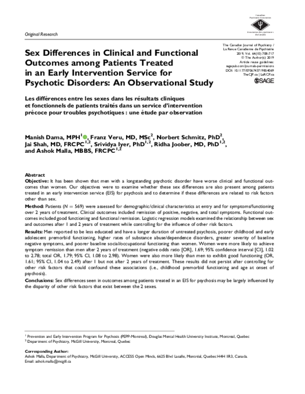 Pdf Sex Differences In Clinical And Functional Outcomes Among