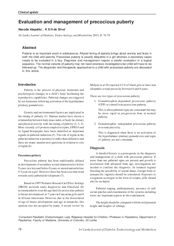 (PDF) Evaluation and management of precocious puberty
