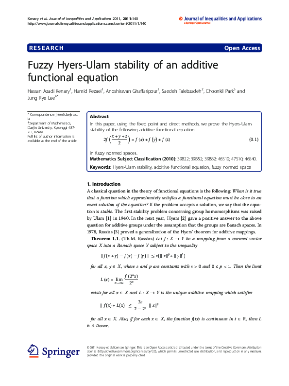 (PDF) Fuzzy Hyers-Ulam stability of an additive functional equation | Hamid Rezaei - Academia.edu