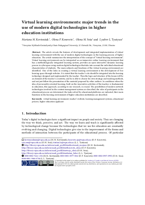 (PDF) Virtual learning environments: major trends in the use of modern digital technologies in ...