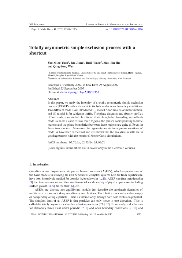 (PDF) Totally asymmetric simple exclusion process with a shortcut