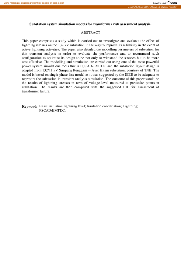 (PDF) Substation System Simulation Models for Transformer Risk Assessment Analysis