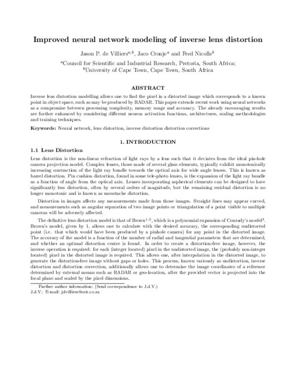 (PDF) Improved neural network modeling of inverse lens distortion | Jaco Cronje - Academia.edu