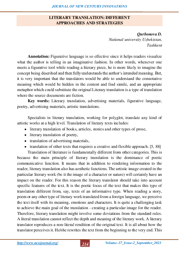 (PDF) LITERARY TRANSLATION: DIFFERENT APPROACHES AND STRATEGIES