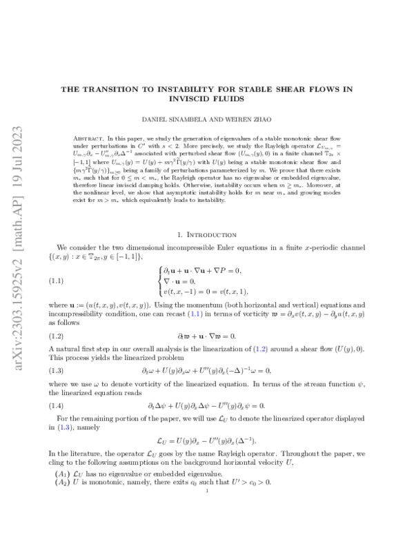 (PDF) The transition to instability for stable shear flows in inviscid fluids